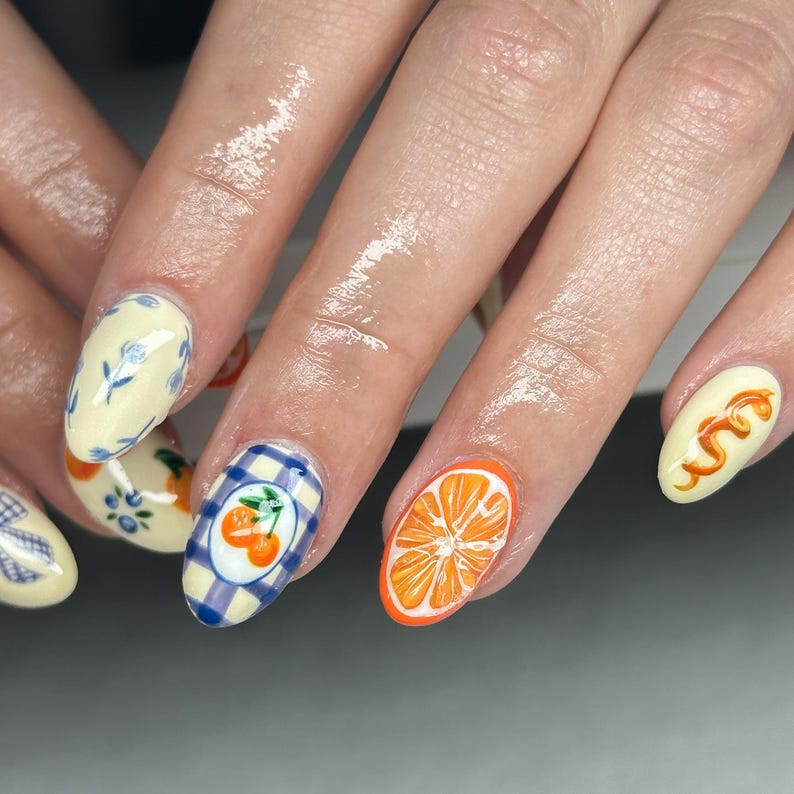 Fruit Picnic Press on Nails, Blue Gingham & Orange Slice Design ...