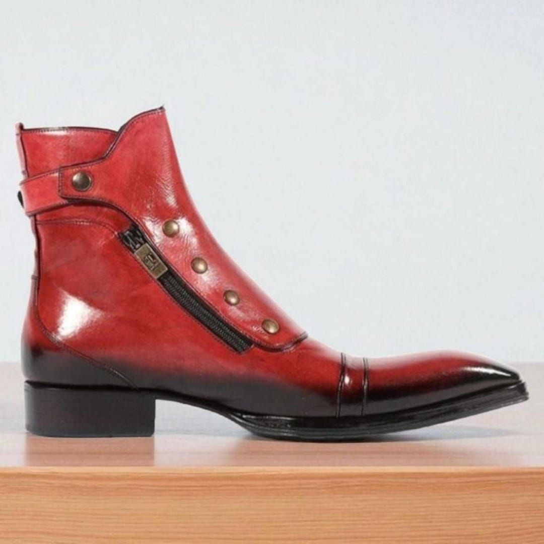 Handmade Red Leather Cap Toe Boots: Men's Side Zip Oxford Dress Shoes ...