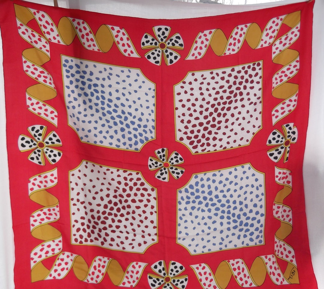 Vintage 1970s Scarf Signed TIDI Bows Ribbons Pattern Red Yellow Blue ...