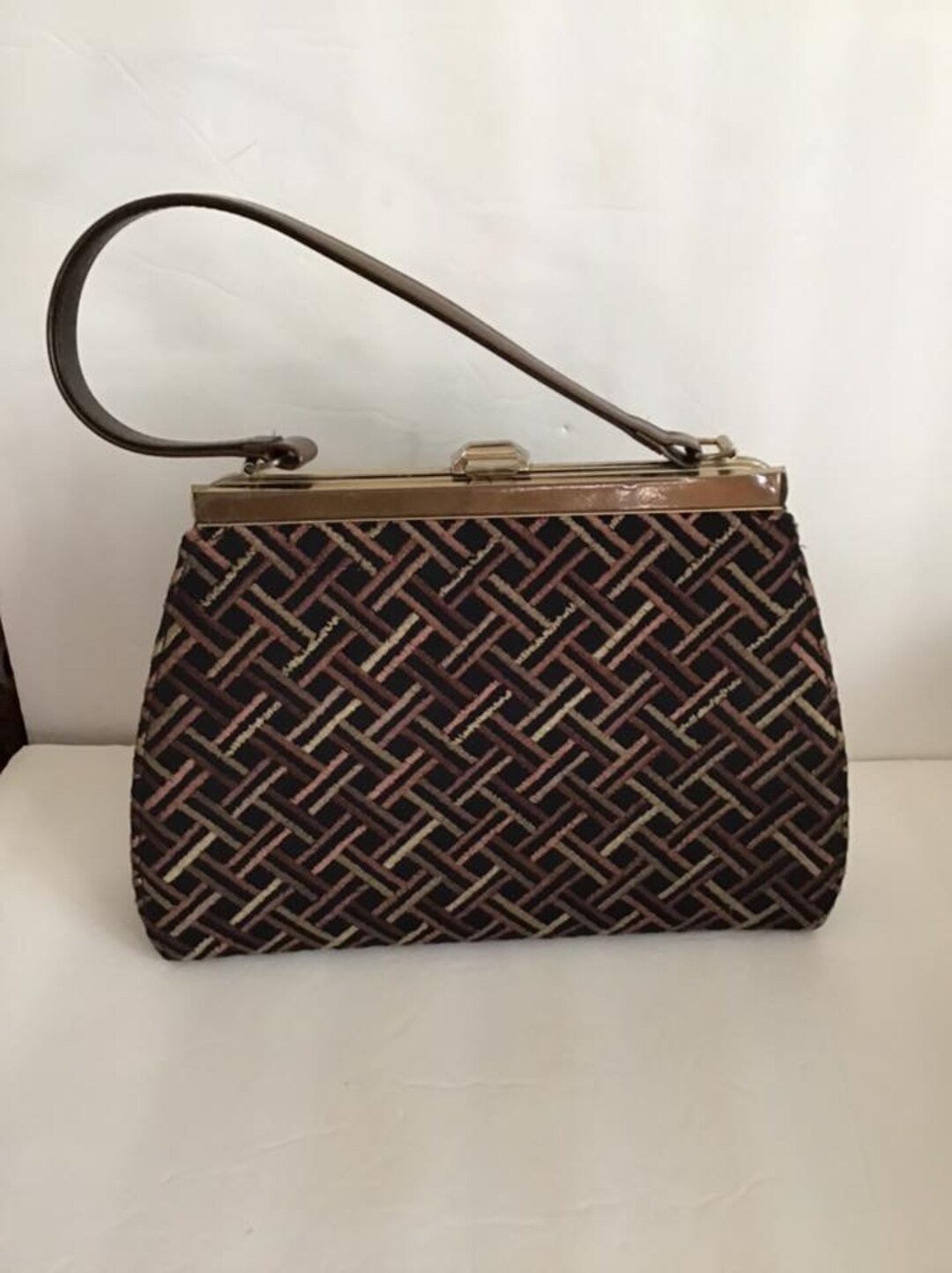 Vintage 1960's Handbag Purse Fabric and Vinyl Brown Tones With Black - Etsy