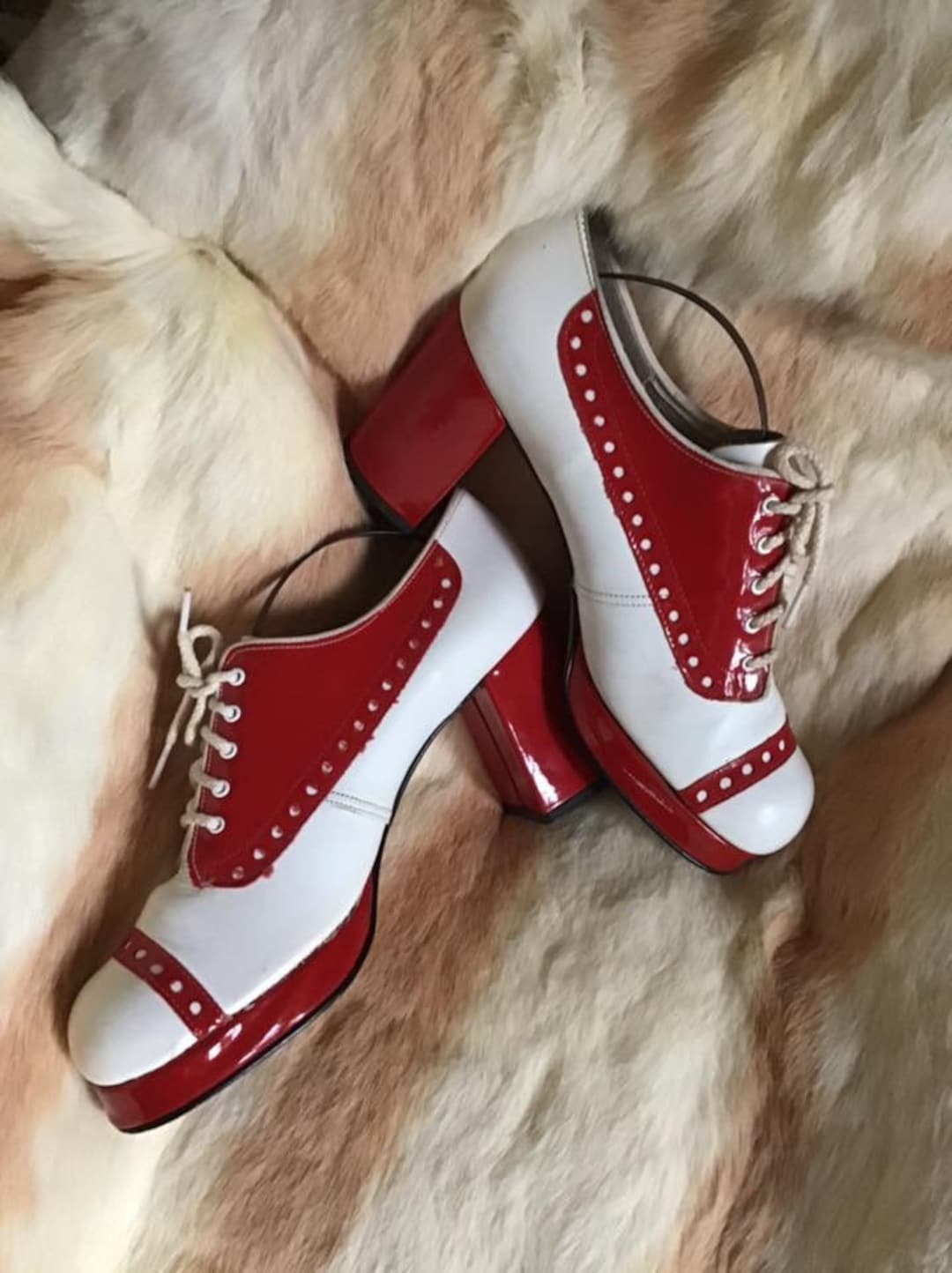 Vintage 1960's 1970's Shoes Platforms RARE Spectator Oxfords Red Patent ...
