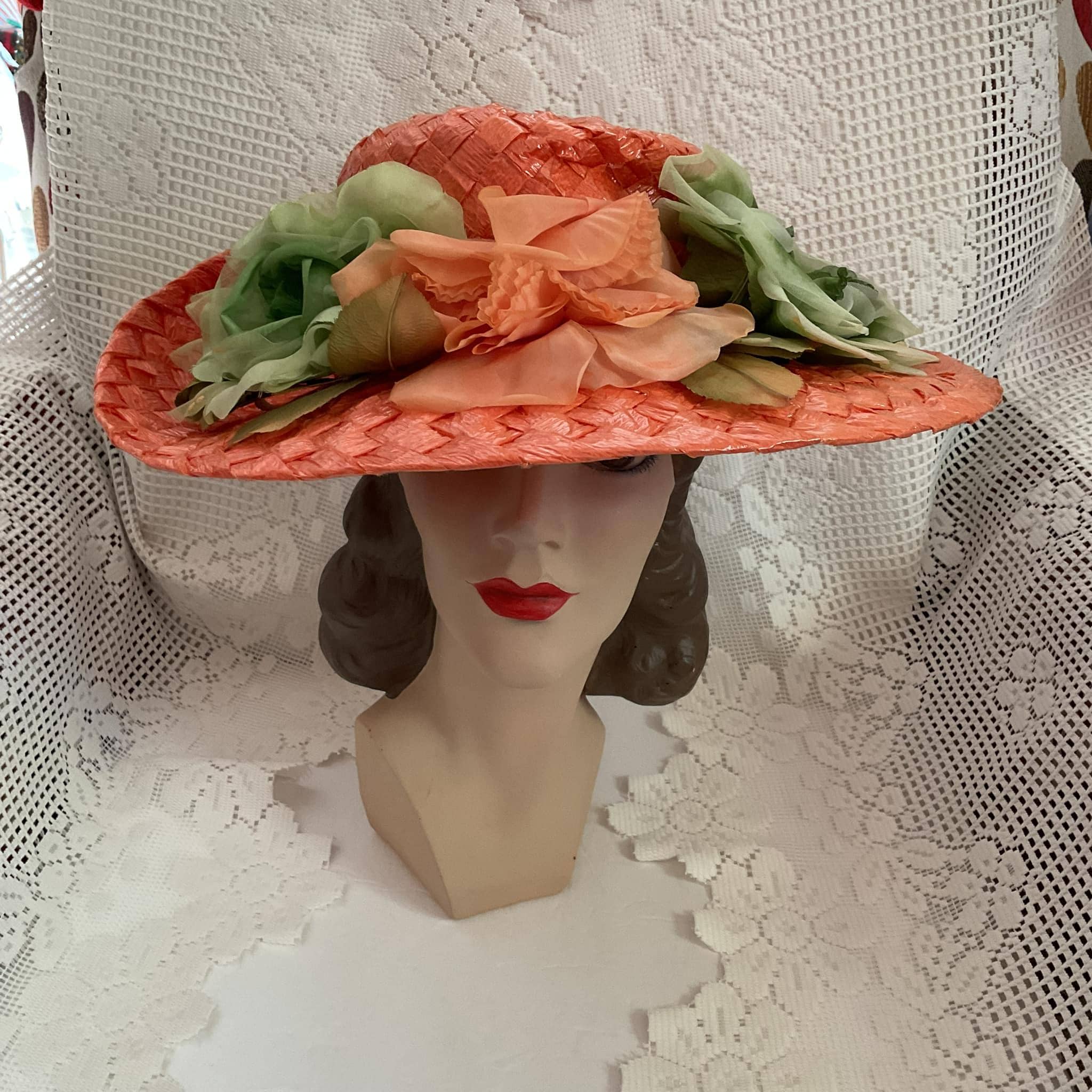 Vintage 1950's 1960's Hat Orange Cellophane Straw With Green & Orange ...