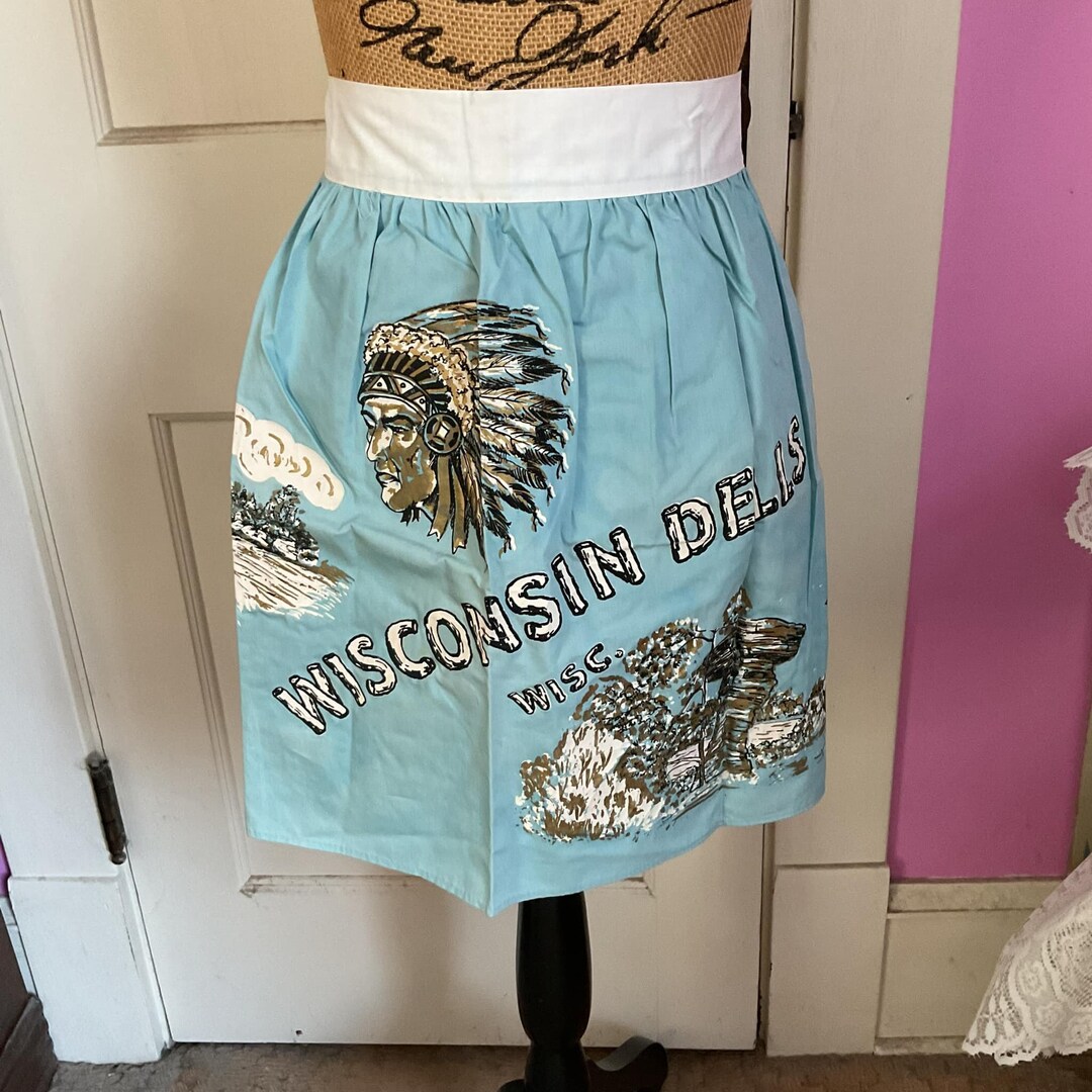 Vintage 1950's Apron *wisconsin Dells Wisc.* Souvenir Light Blue Cotton ...