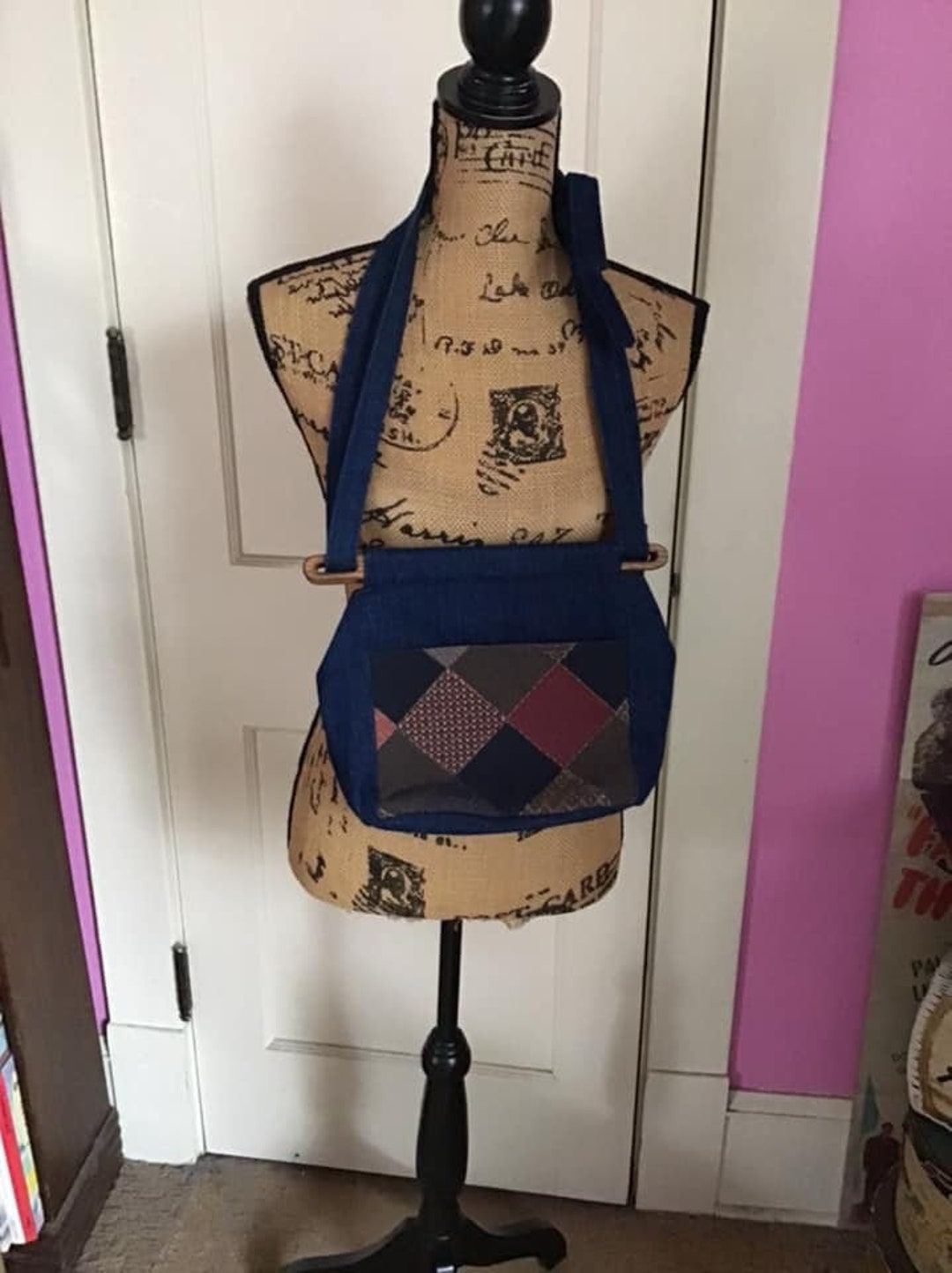 Vintage 1990's Handbag Shoulder Purse Crossbody Handmade Dark Blue ...