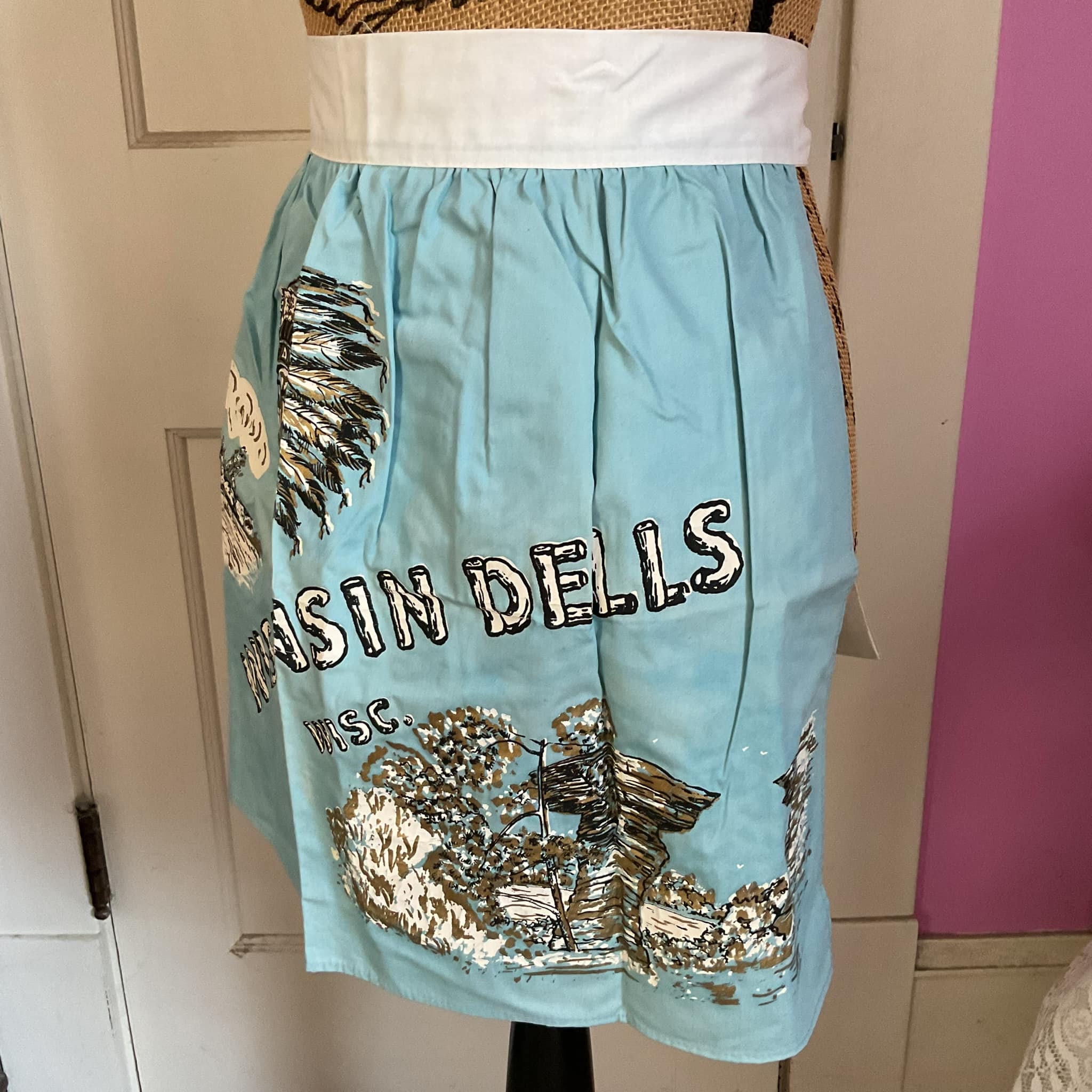 Vintage 1950's Apron *wisconsin Dells Wisc.* Souvenir Light Blue Cotton ...