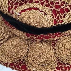 Vintage 1940's 1950's Hat Red Velvet Covered in Straw Discs Black ...