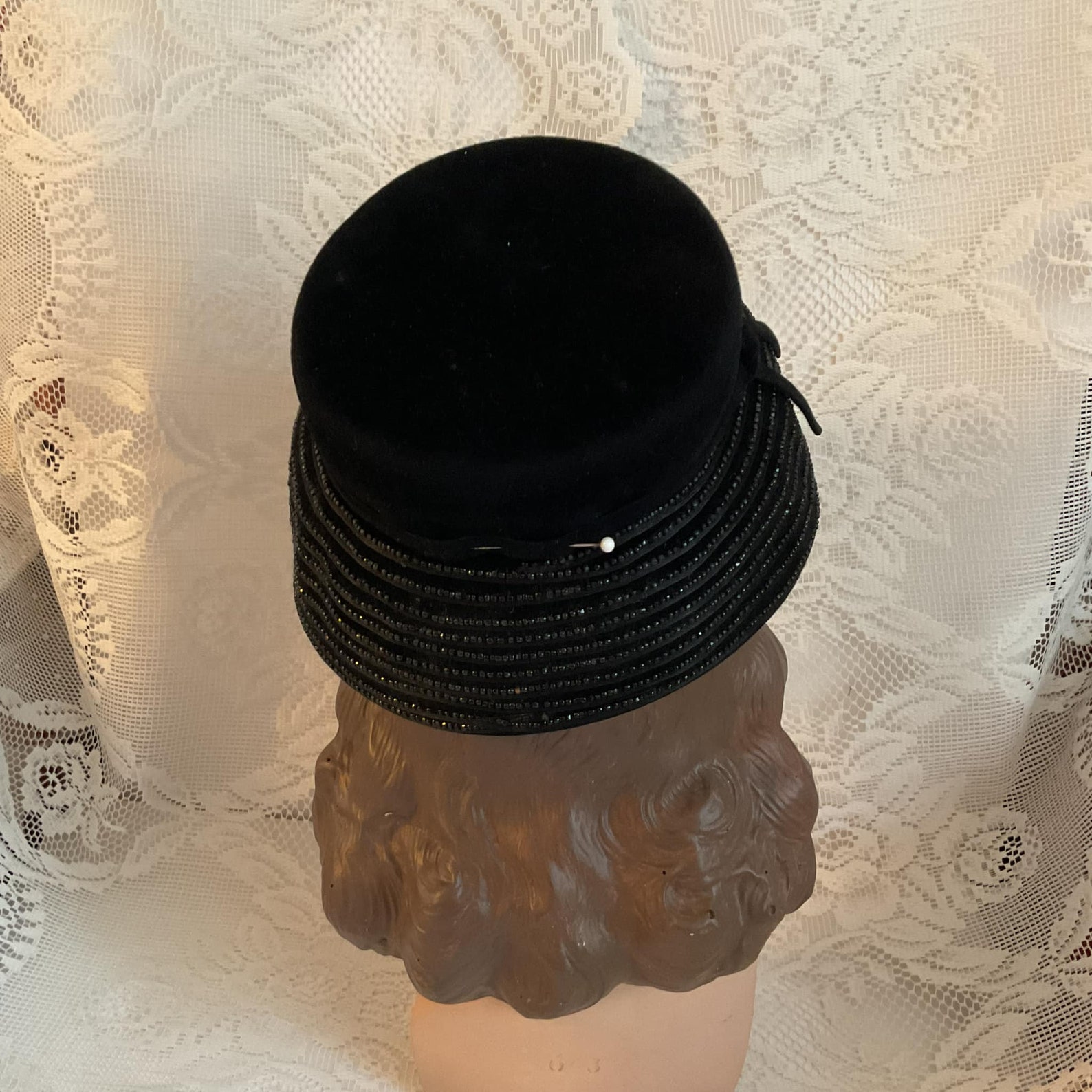 Vintage 1950's Hat Dark Black Adorned With Black Glass Tiny Beads Comes ...