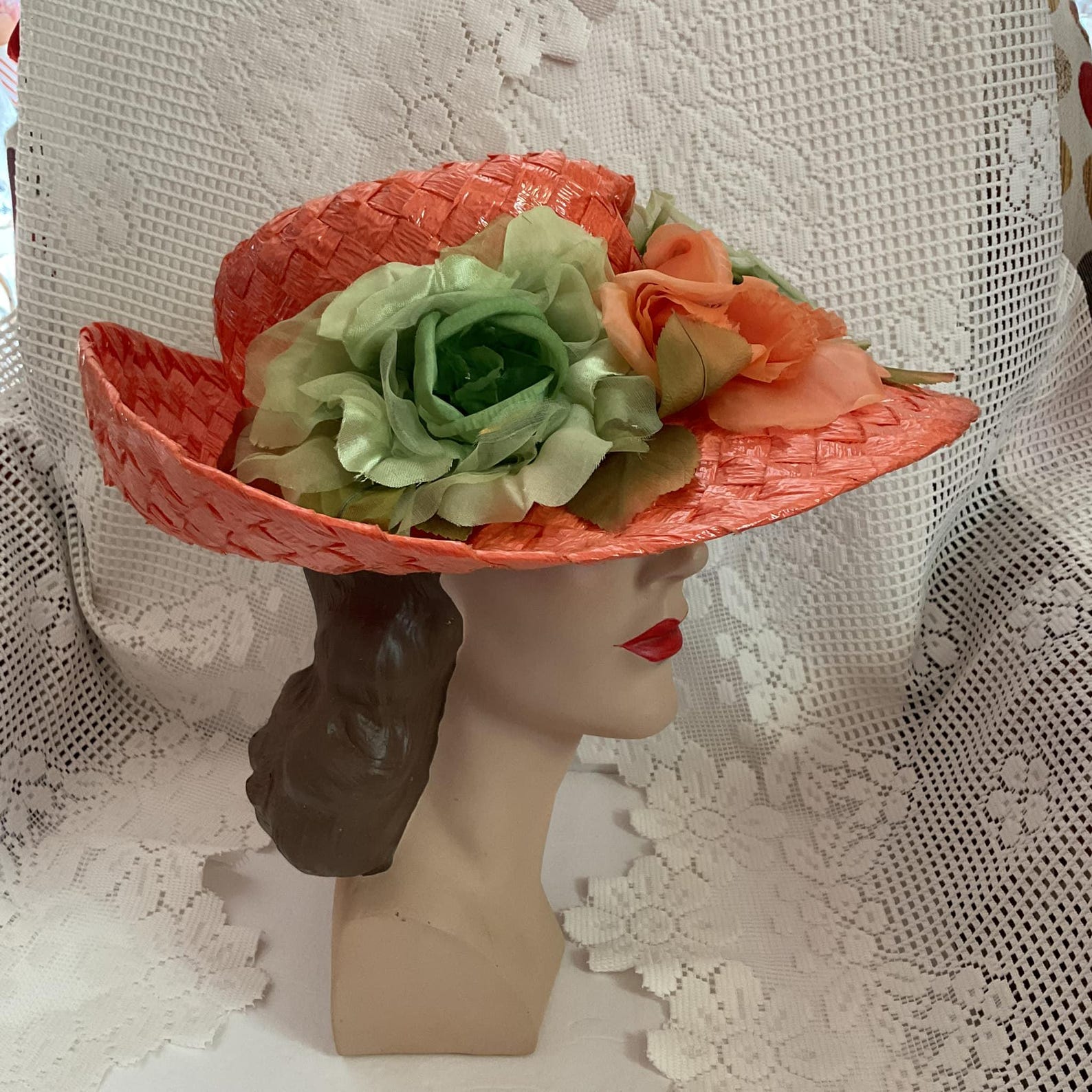 Vintage 1950's 1960's Hat Orange Cellophane Straw With Green & Orange ...