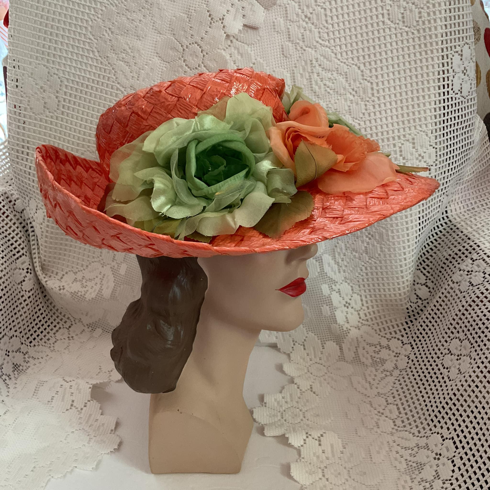 Vintage 1950's 1960's Hat Orange Cellophane Straw With Green & Orange ...