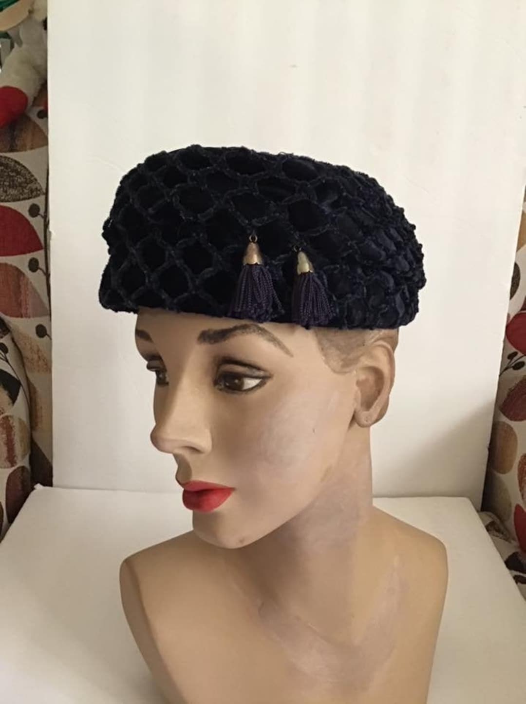 Vintage 1950's 1960's Hat Pillbox Style With Tassels Dark Blue Velvet ...