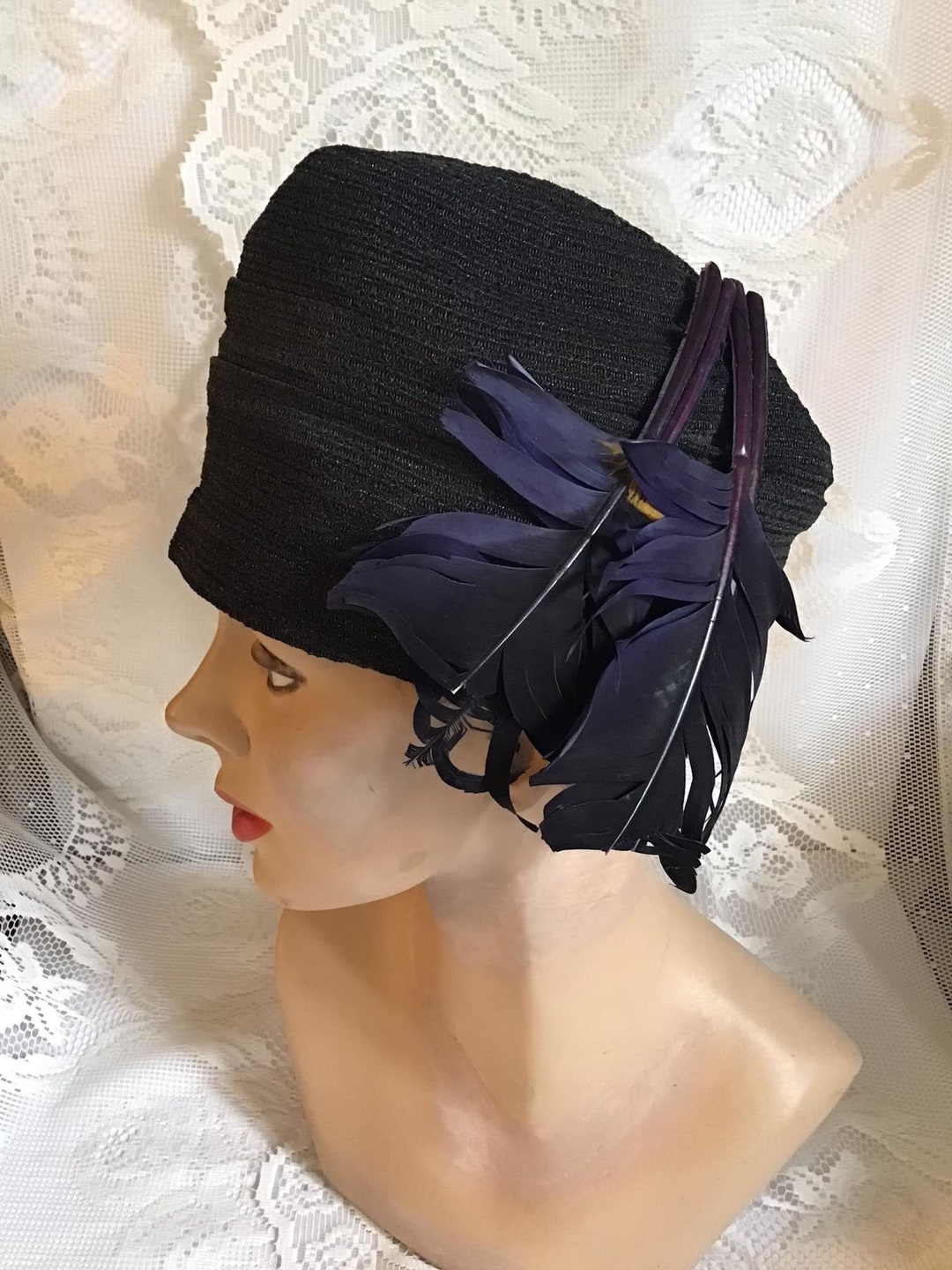 Vintage 1920's Hat Flapper Cloche Dark Blue Straw With Genuine Feathers ...
