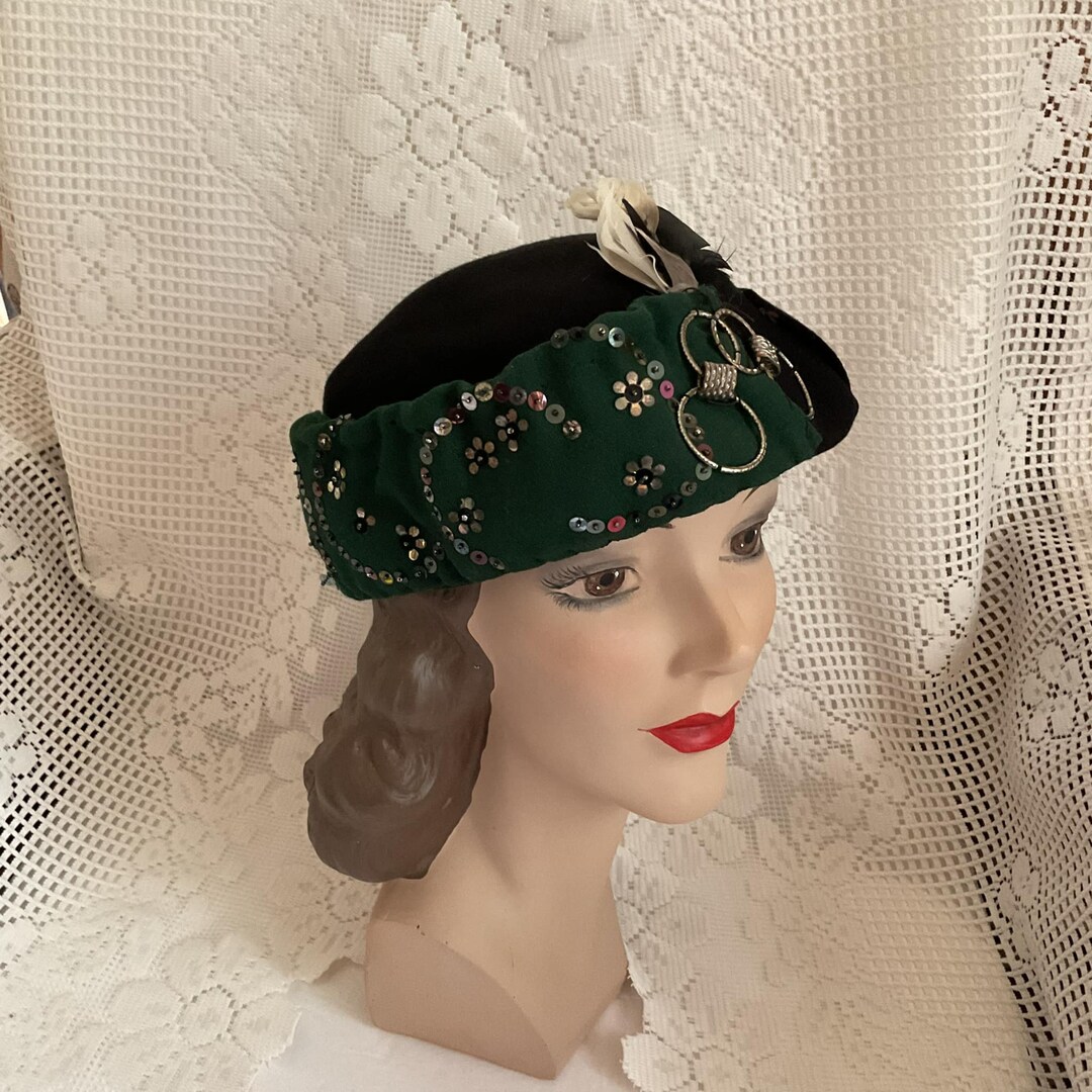 Vintage 1940's 1950's Hat Black & Green Adorned With Sequins Genuine ...