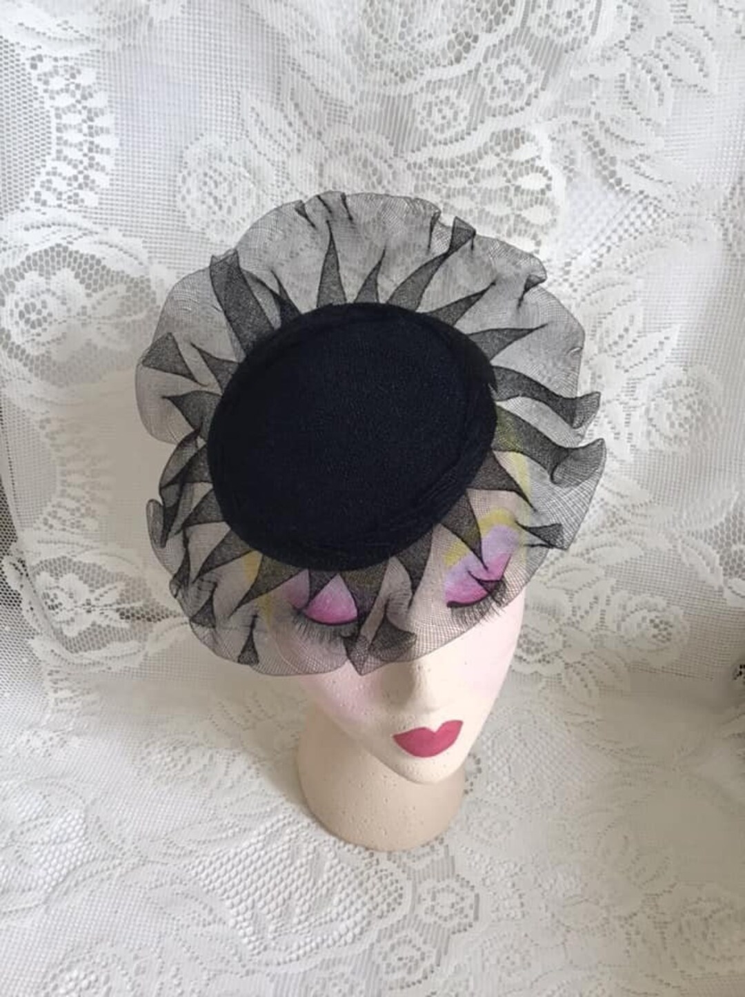 Vintage 1940's Hat Tilt Disc Art Deco Petite Style Black Peek-a-boo ...