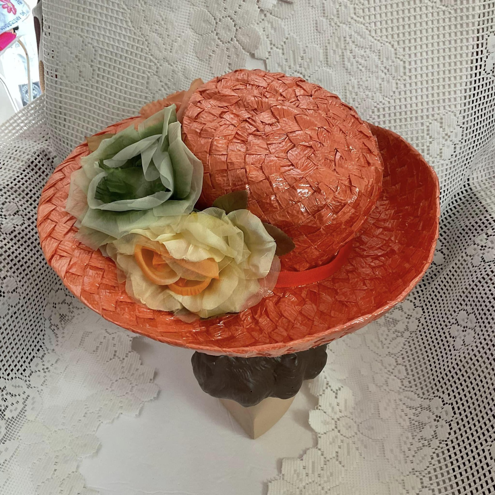 Vintage 1950's 1960's Hat Orange Cellophane Straw With Green & Orange ...