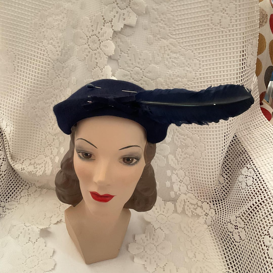 Vintage 1950's Hat Dark Blue Wool Adorned With Large Long Genuine ...
