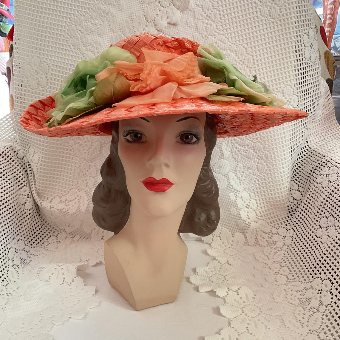 Vintage 1950's 1960's Hat Orange Cellophane Straw With Green & Orange ...