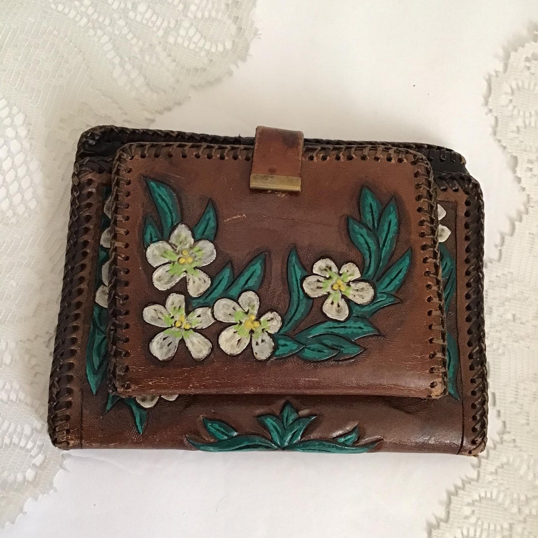 Vintage 1960's 1970's Wallet Genuine Leather Hand Painted Flowers Name ...