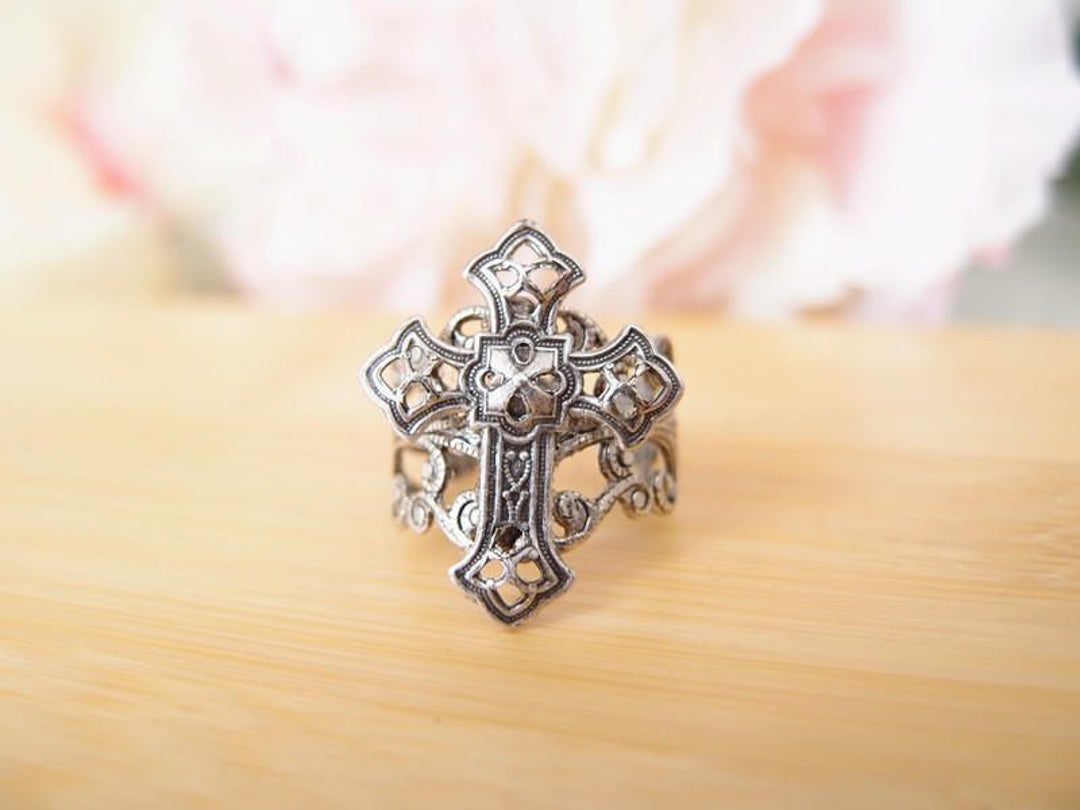Filigree Cross Ring-aged Brass-adjustable-steampunk-victorian-edgy Chic ...