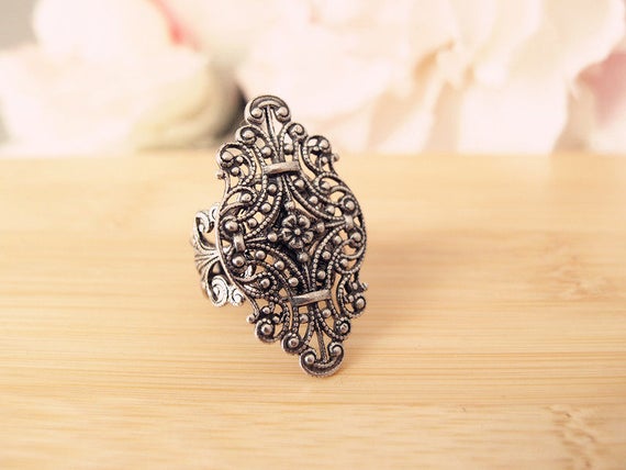 Victorian Filigree Ring aged Brass adjustable steampunk hauted Couture victorian edgy Chic Statement armor Ring V062 Etsy