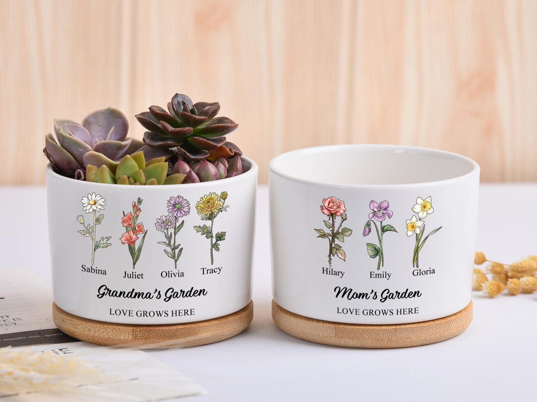 Personalized Birth Flower Mini Plant Pot, Custom Grandma's Garden Plant ...