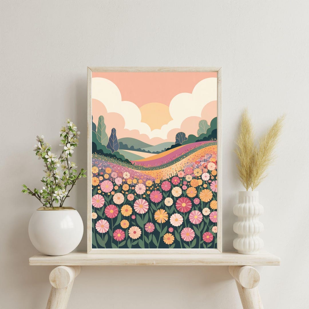 Boho Flower Field Digital Art Vibrant Wildflower Meadow Print With ...