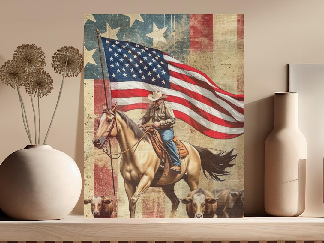 Working Cowboy Canvas Art, Western American Flag Decor, American Cowboy ...