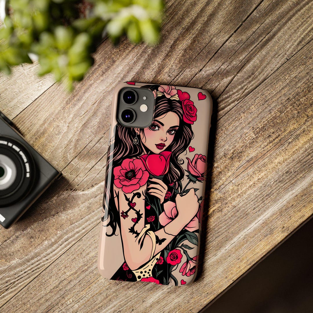 Rose Girl Illustration Slim Phone Case | Floral Heart Artwork, Pink Red ...