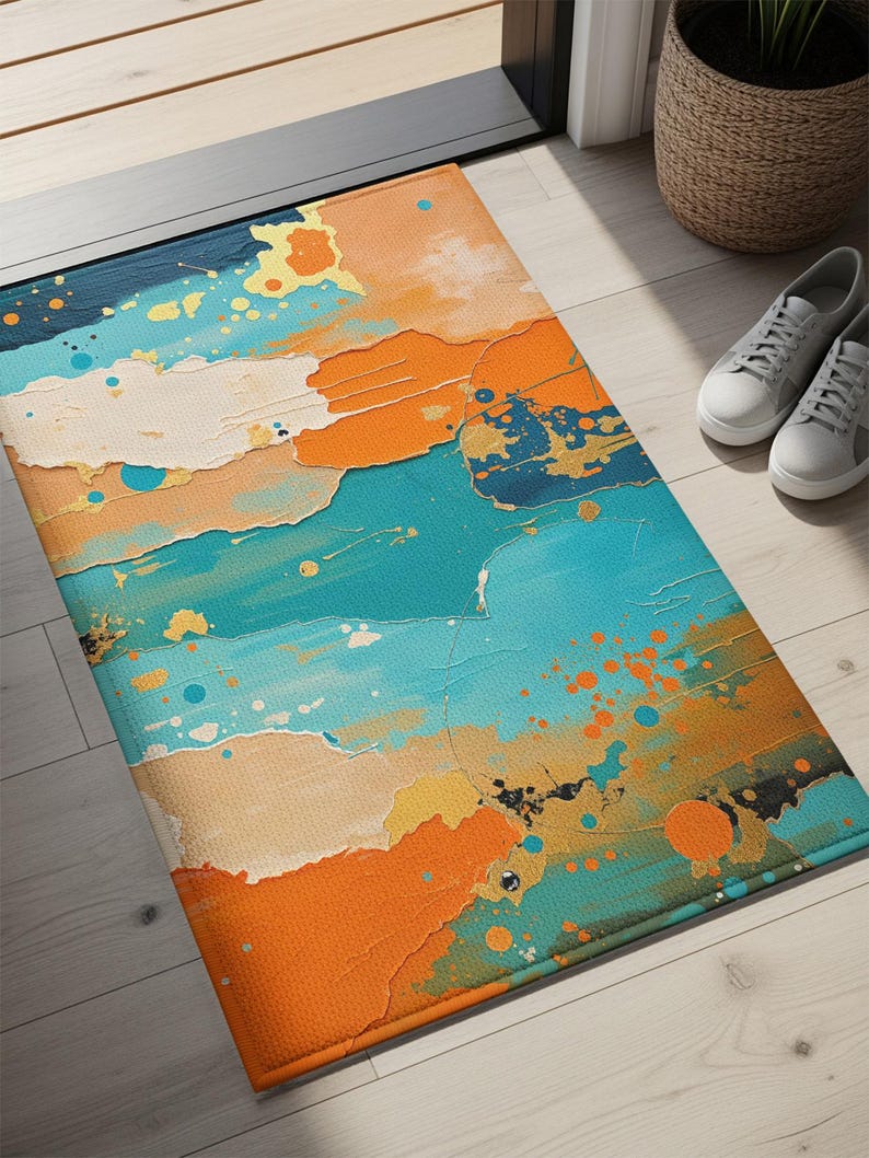 Abstract Turquoise and Orange Rug, Modern Orange Accent Rug ...