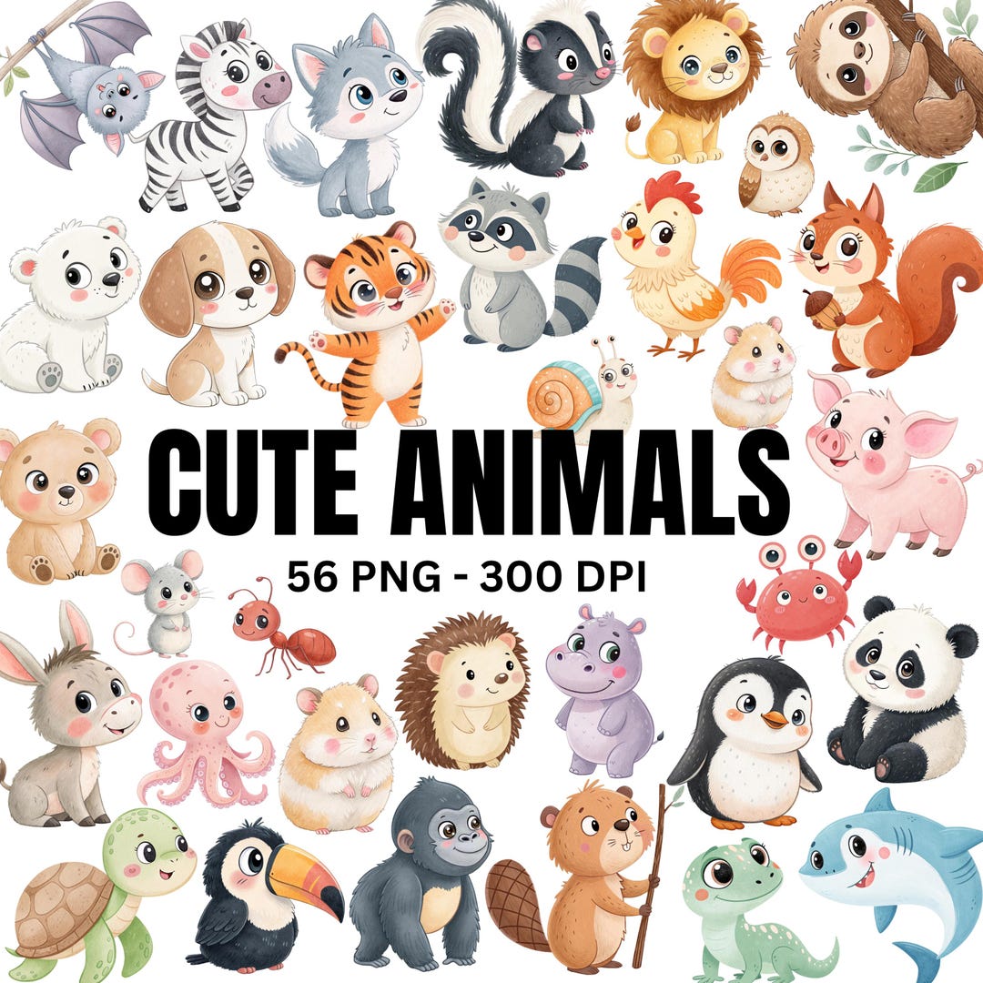Watercolor Cute Animals Clipart, 56 Cartoon Animal Clipart PNG, Baby ...