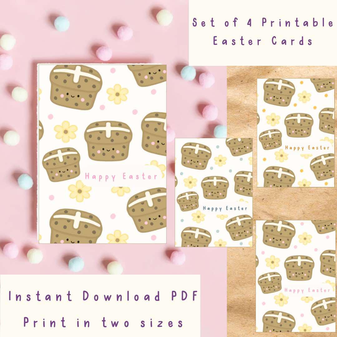 Hot Cross Bun Easter Cards: Set of 4 Printable Cards (PDF) - Etsy