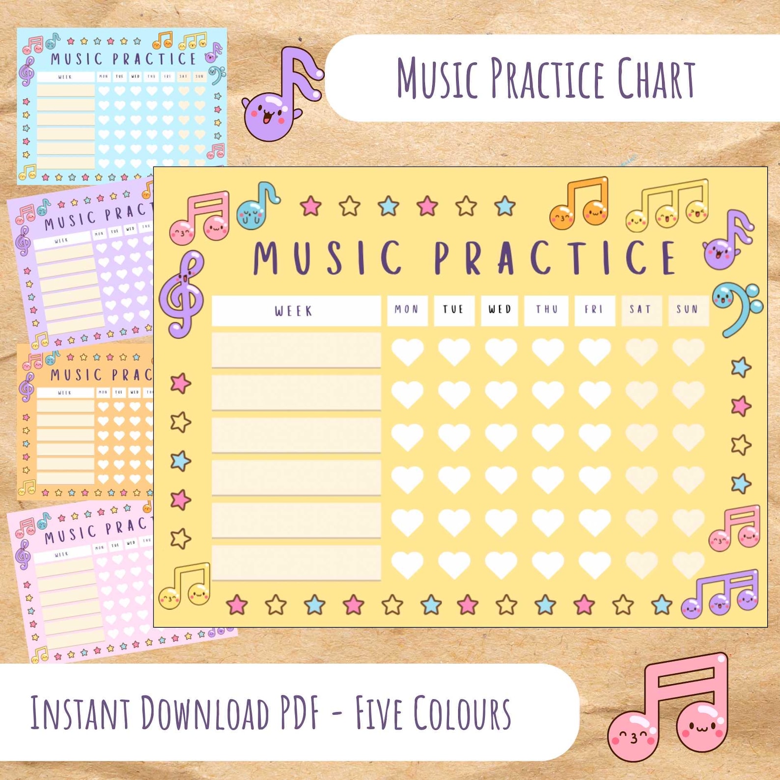 Kids Music Practice Chart – Printable Weekly Rewards (PDF) Kawaii Style ...