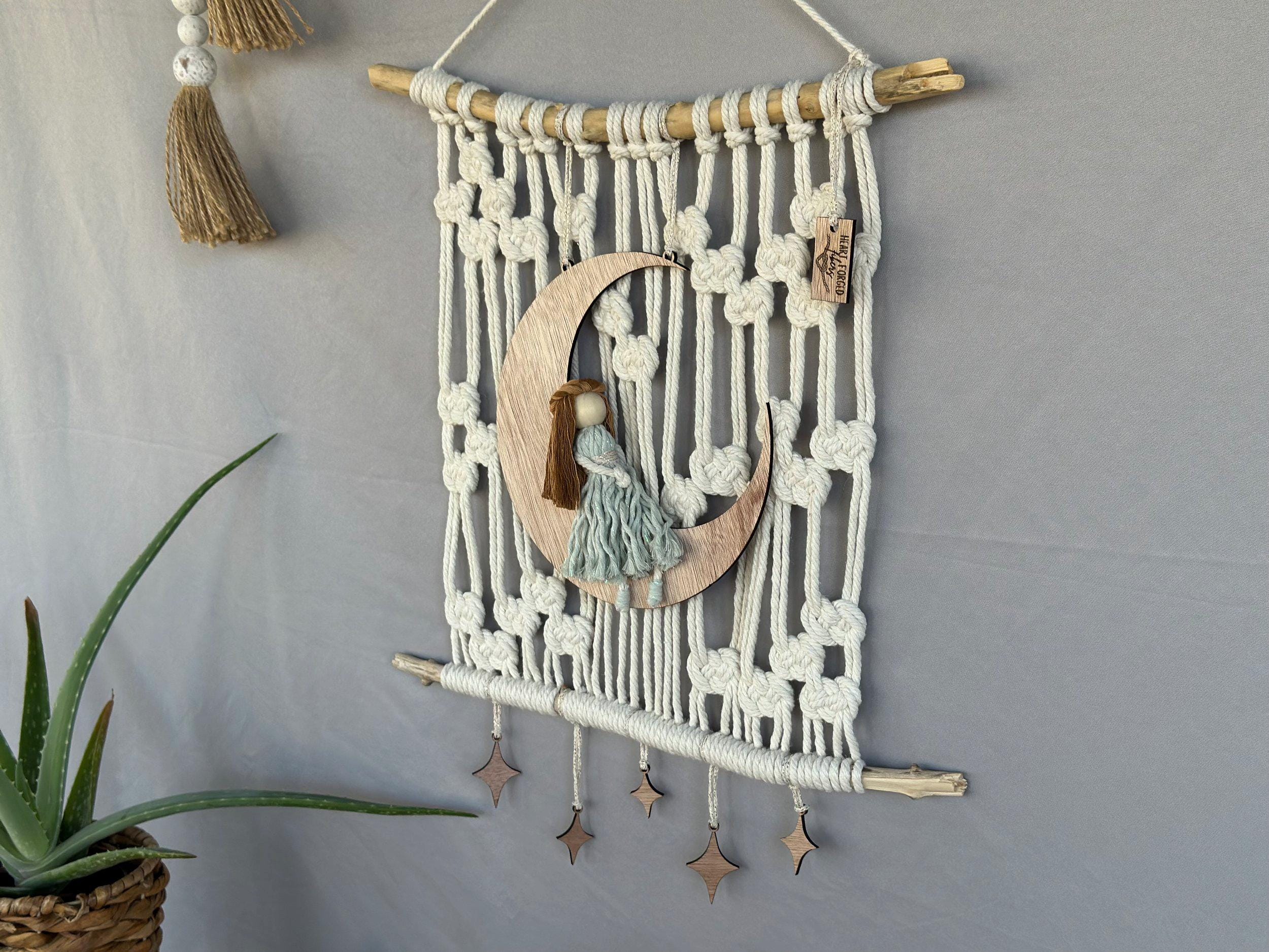 Macrame Wall Hanging With Doll on Moon & Wooden Stars, Nursery Decor ...