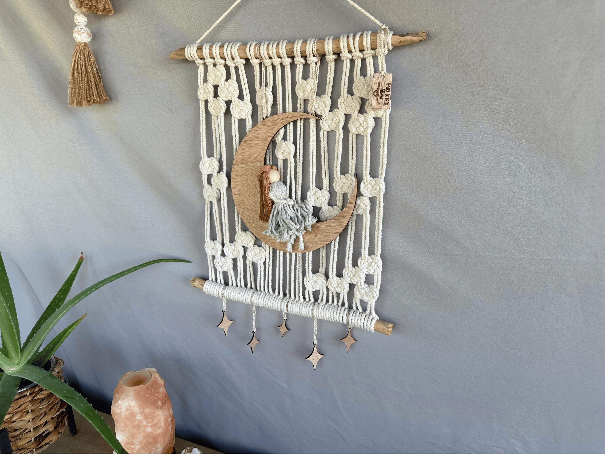 Macrame Wall Hanging With Doll on Moon & Wooden Stars, Nursery Decor ...