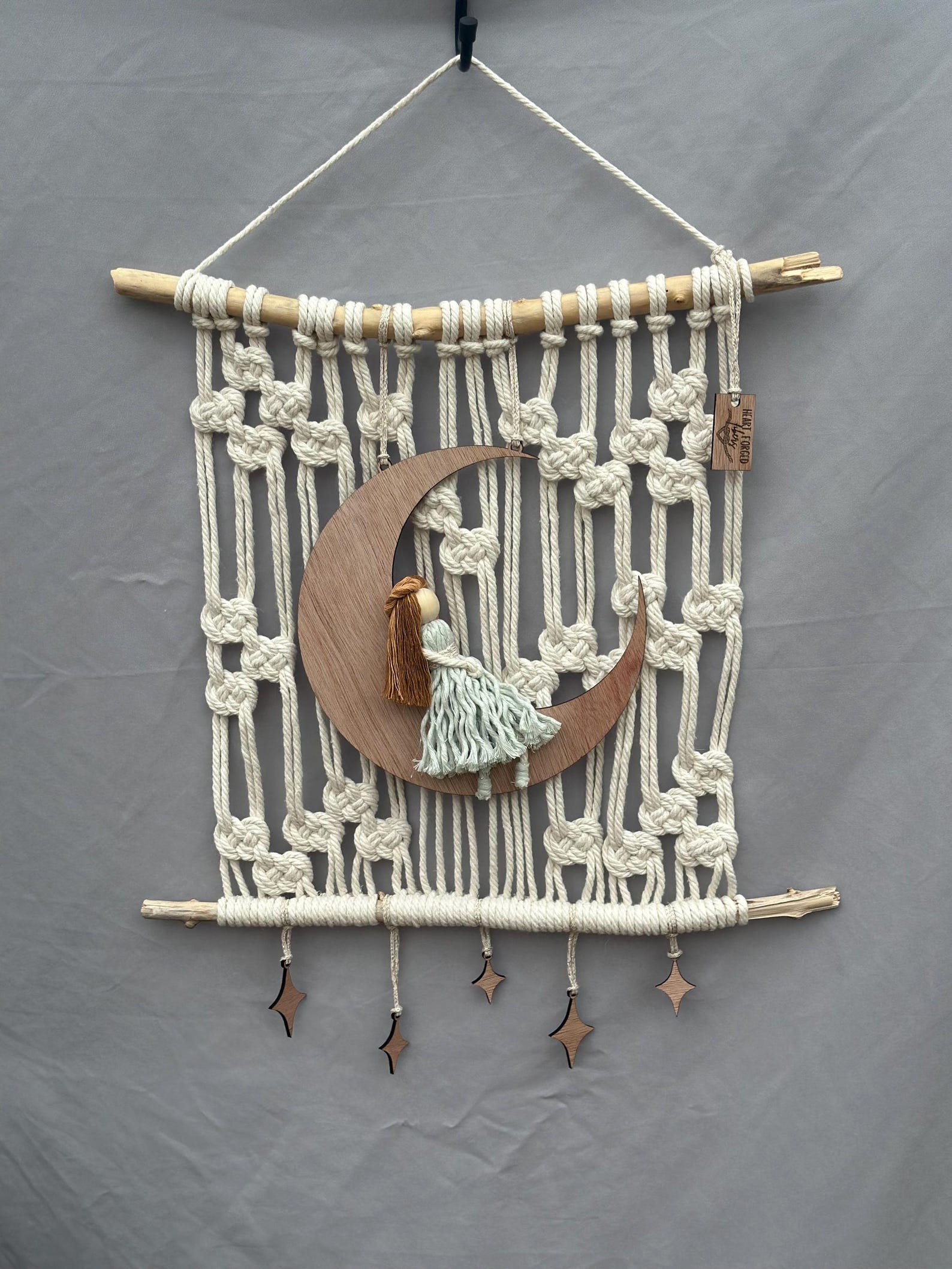 Macrame Wall Hanging With Doll on Moon & Wooden Stars, Nursery Decor ...
