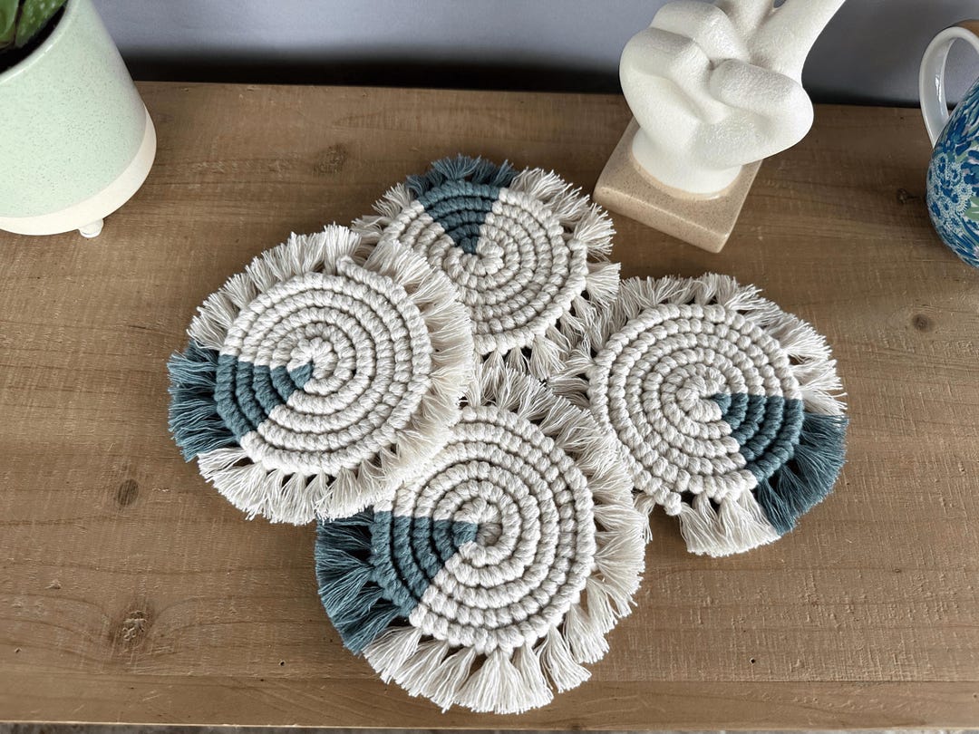 Set of 4 Macrame Coasters | Spiral Design With Blue & White Fringe ...