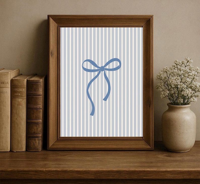 Blue Stripe Coquette Bow Wall Art Print | Cottagecore Nursery Art ...