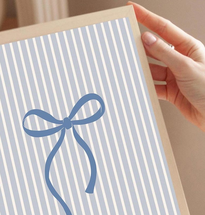 Blue Stripe Coquette Bow Wall Art Print | Cottagecore Nursery Art ...