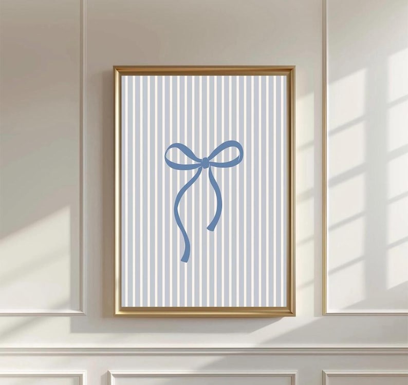 Blue Stripe Coquette Bow Wall Art Print | Cottagecore Nursery Art ...