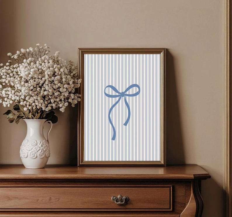 Blue Stripe Coquette Bow Wall Art Print | Cottagecore Nursery Art ...