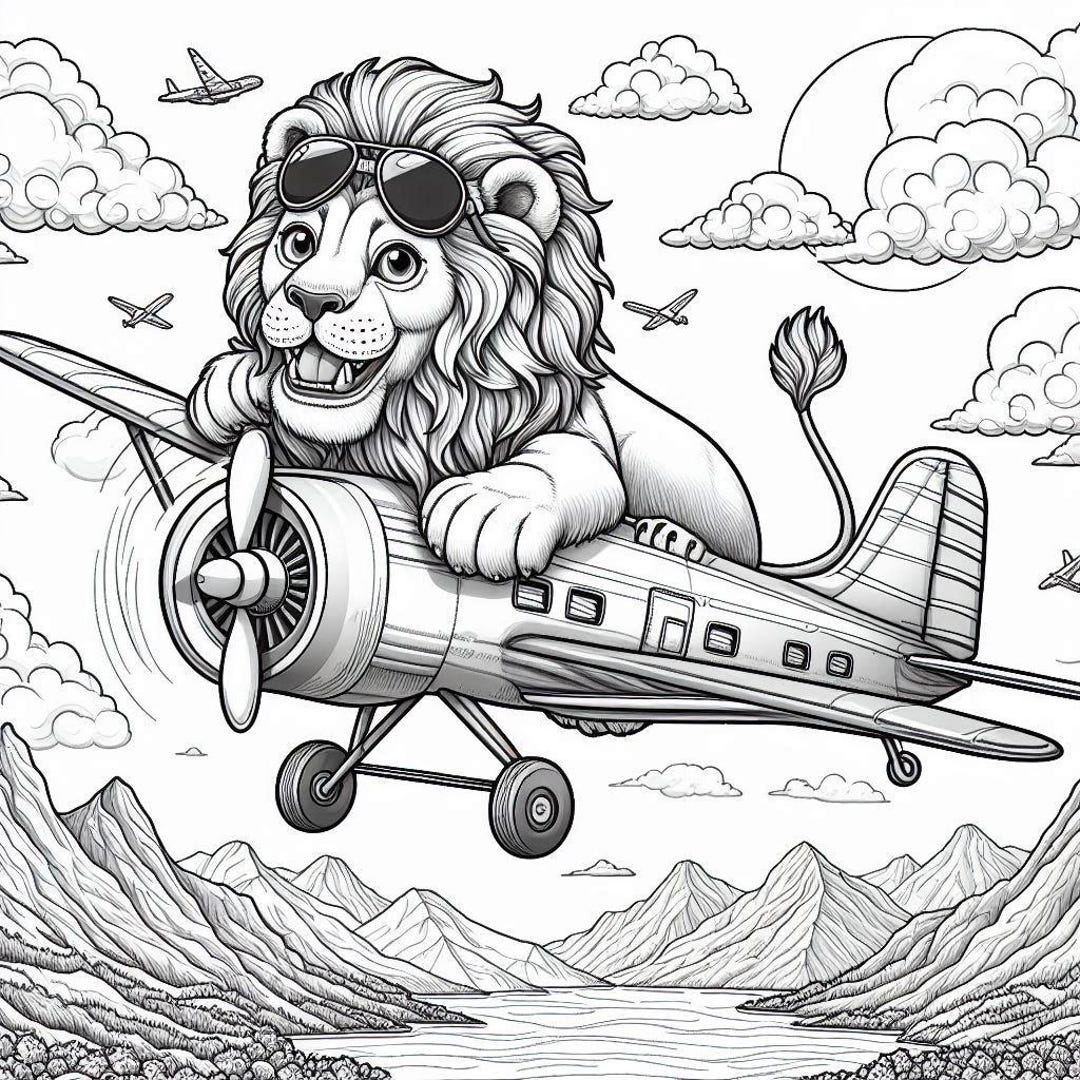 Lion Flying Airplane- Coloring Book- Cute Pilot Lion- Printable -fun ...