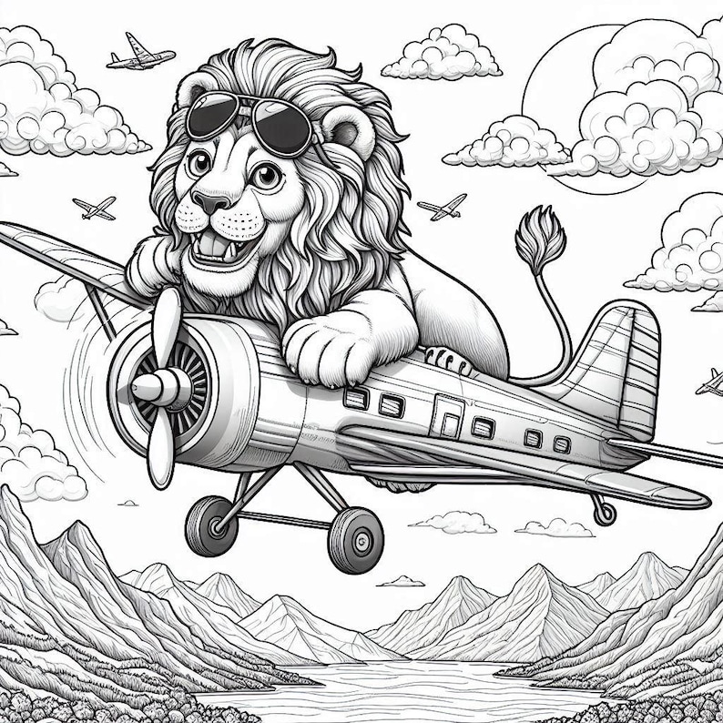 Lion Flying Airplane- Coloring Book- Cute Pilot Lion- Printable -fun ...
