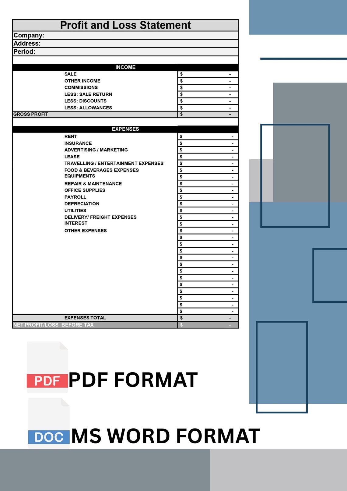 Printable Profit and Loss Template | Small Business P and L Sheet (PDF ...