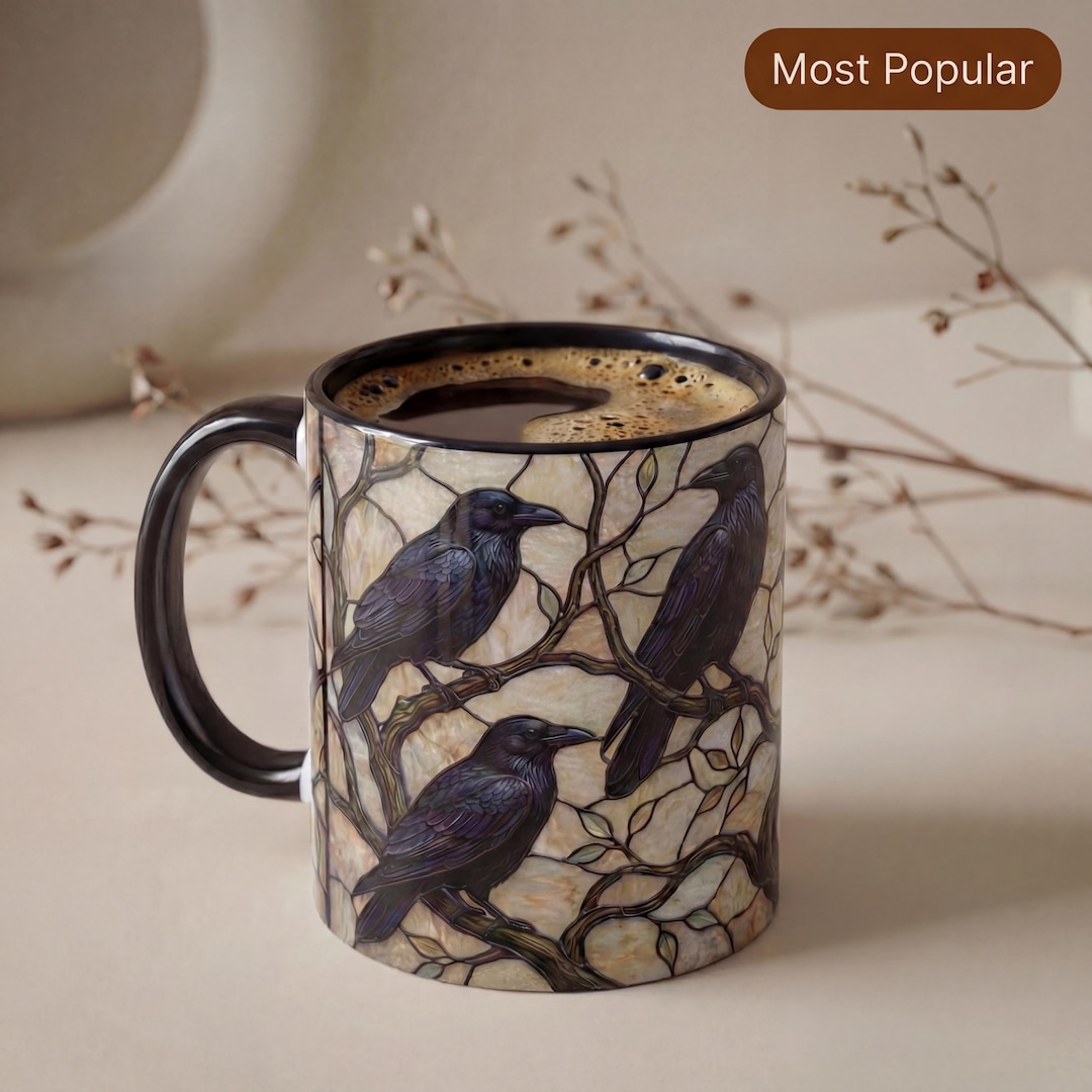 Gothic Raven Stained Ceramic Mug, Witchy Gothic Coffee Cup, Bird Lover ...