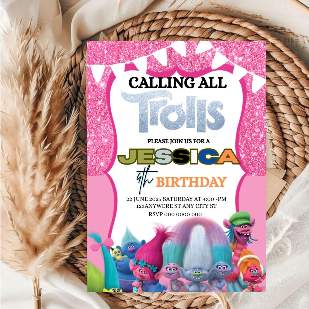 Printable Troll Birthday Party Invite, Poppy Trolls Birthday Party ...