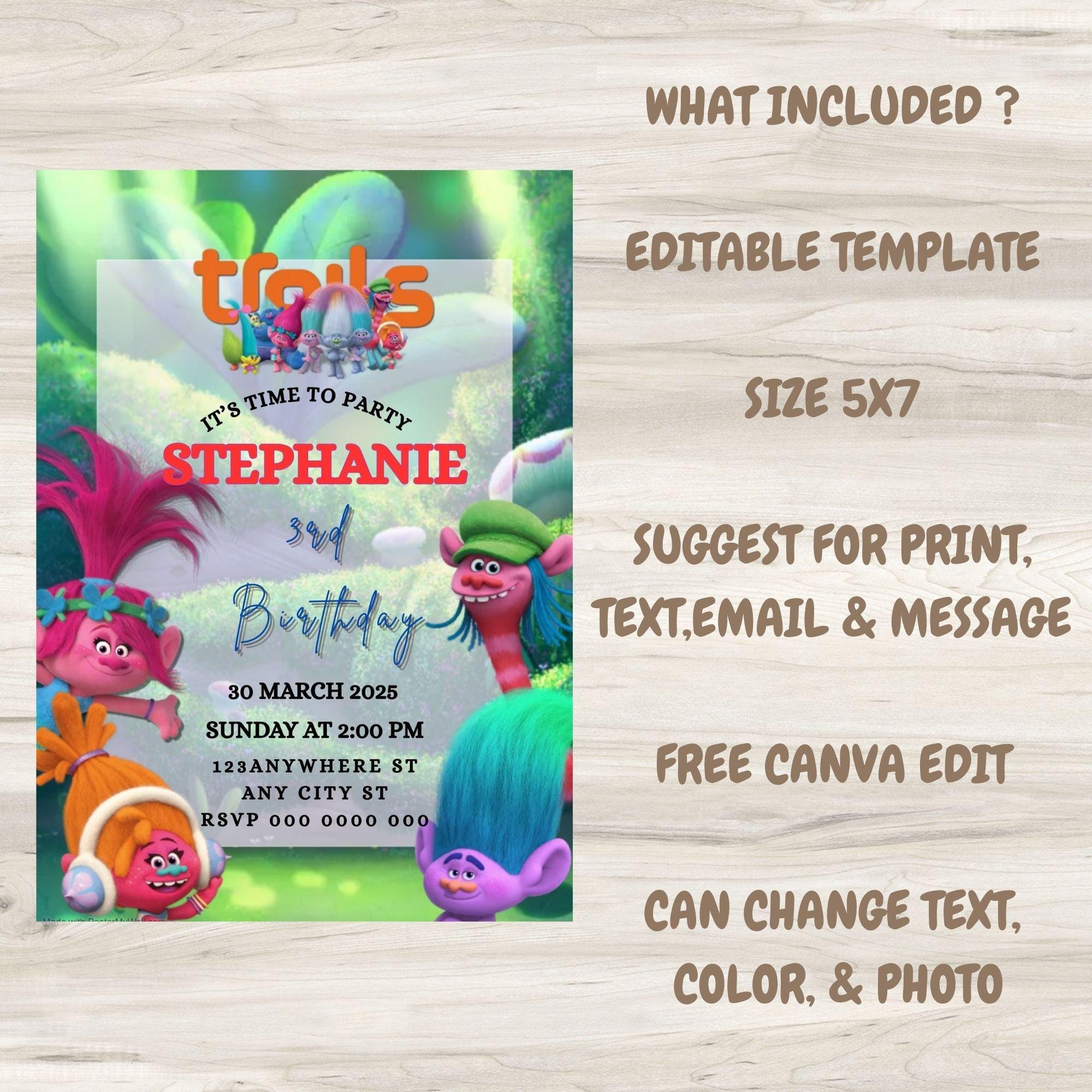 Editable Trolls Birthday Invitation, Trolls Phone Birthday Party Invite ...