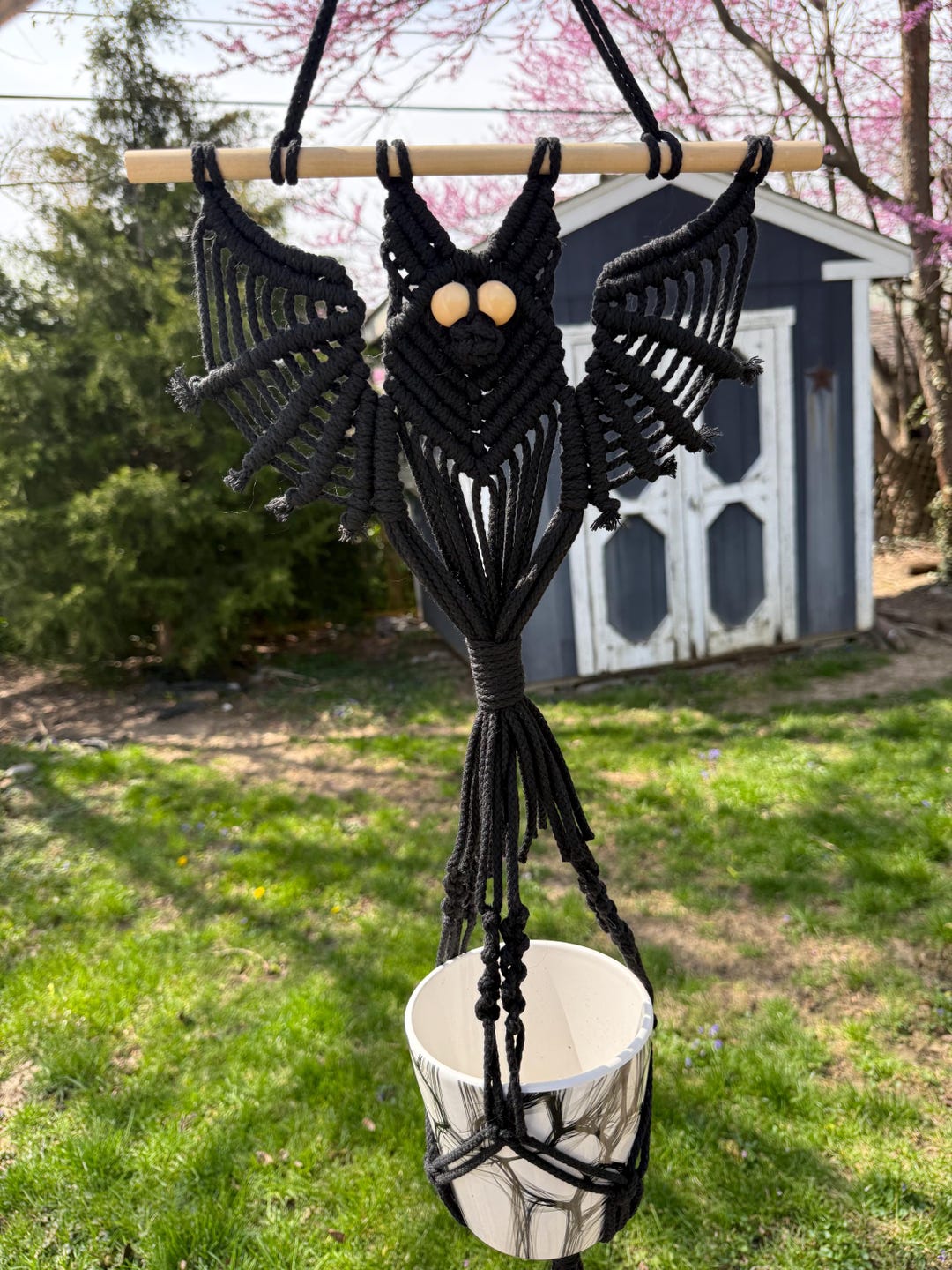 Bat Macrame Hanging Planter | Gothic Boho Bat Plant Hanger | Halloween Bat Decor | Bat Wall ...