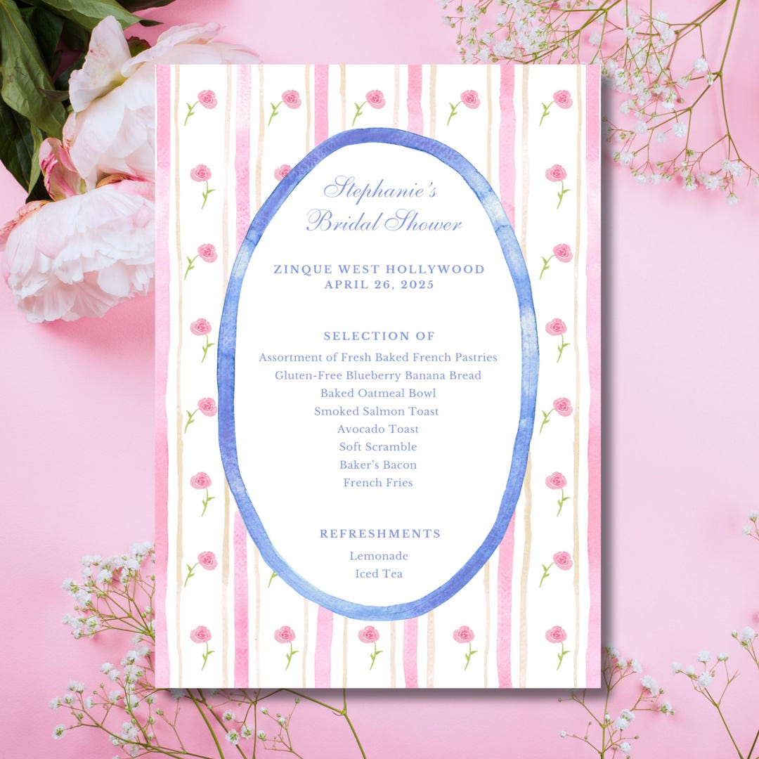Hand-painted Watercolor Menu Template for Bridal Shower or Baby Shower ...
