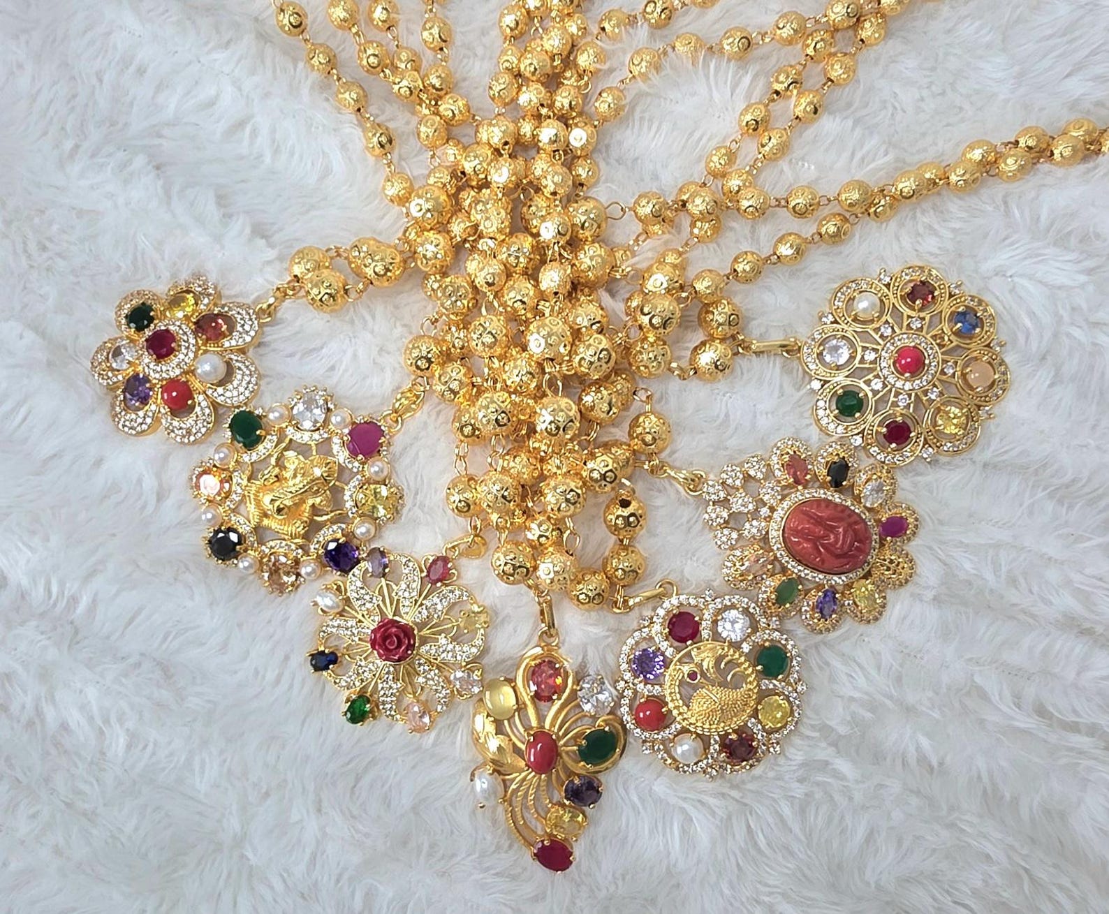 Gold Beaded Navaratna Necklace Sets - Etsy