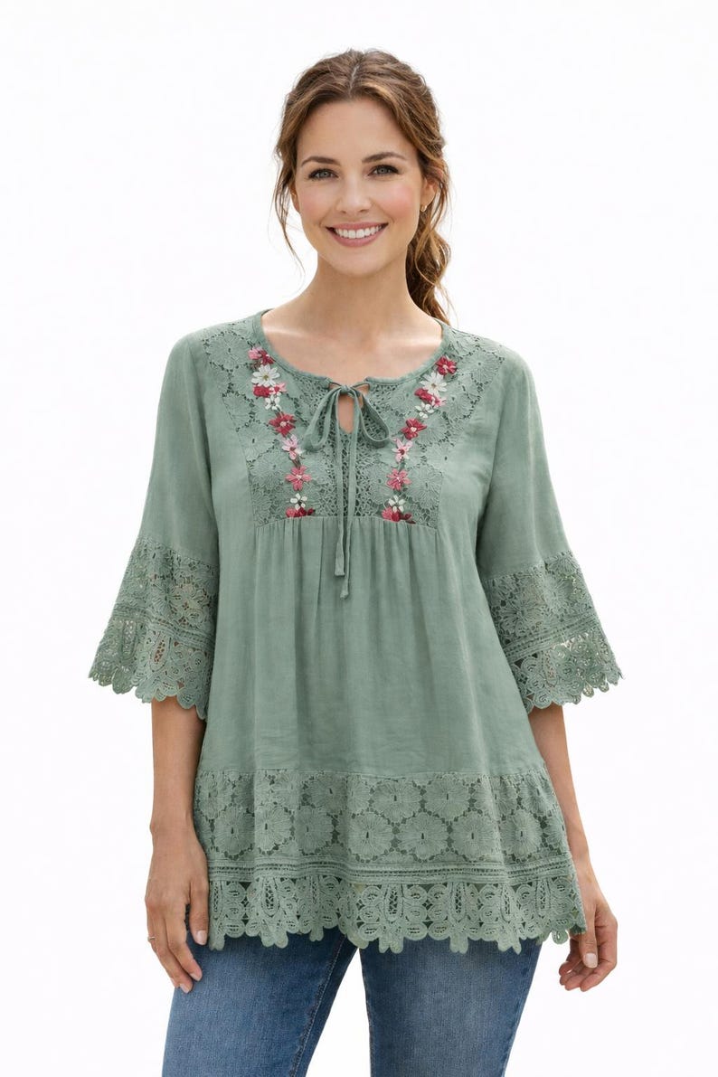 Cotton Tunic Top | Floral Embroidery | Lace Trim Peasant Blouse | One ...