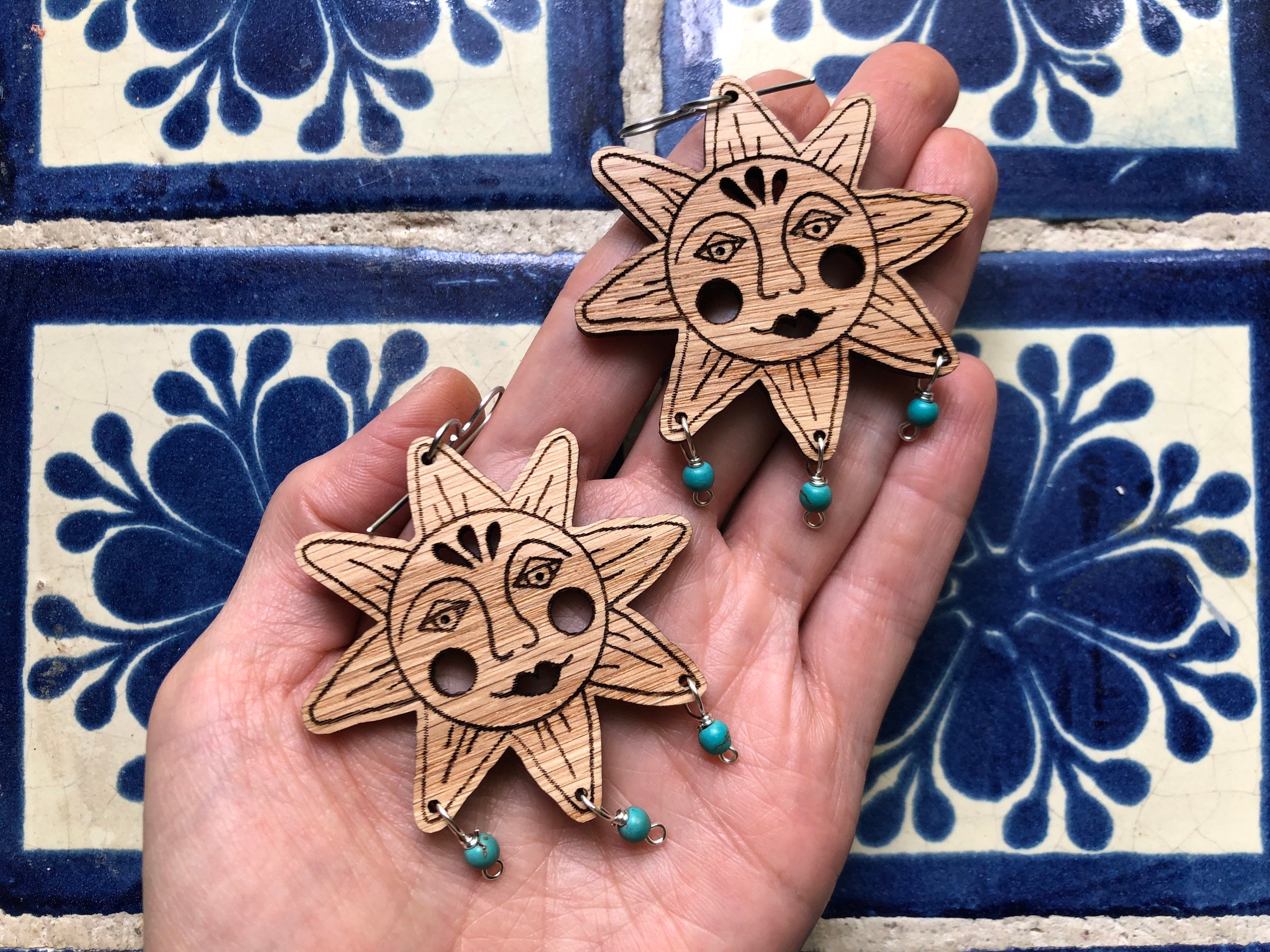 Sun earrings beaded tribal sun earrings wood SOL earrings | Etsy